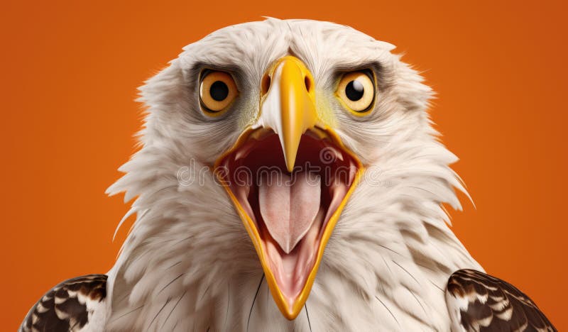 Studio Portrait of Funny and Excited Bald Eagle on Orange Background with Shocked or Surprised ...