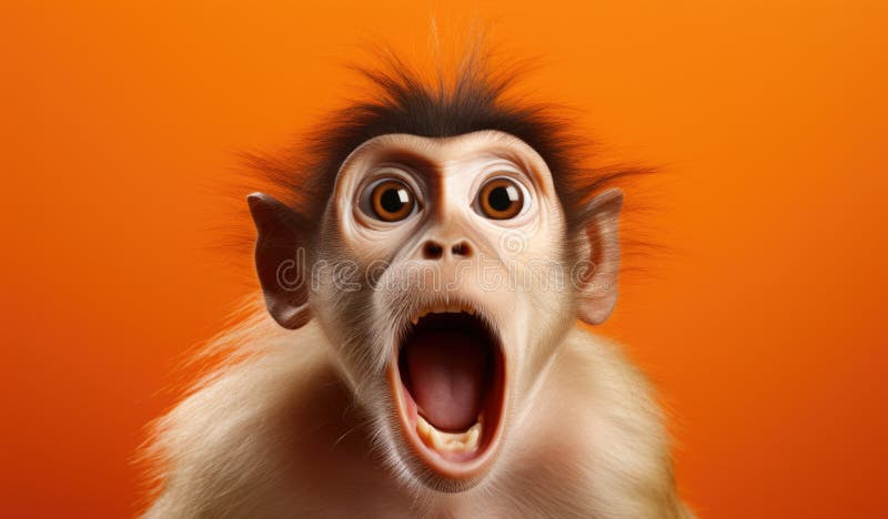 Studio Portrait of Funny and Excited Macaque Monkey on Orange Background with Shocked or ...