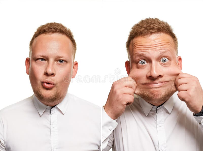 Studio Portrait of Young Grimacing Man in White Stock Photo - Image of ...