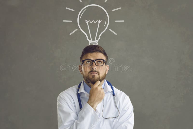 Doctor with Light Bulb Shaped Rocket Above Head Thinking of Innovative ...