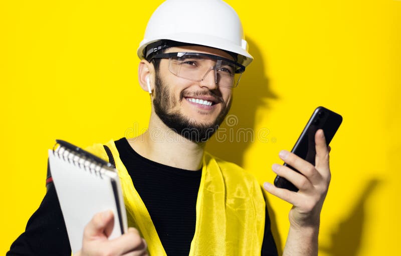 Studio Portrait of Young Smiling Man Architect, Builder Engineer ...