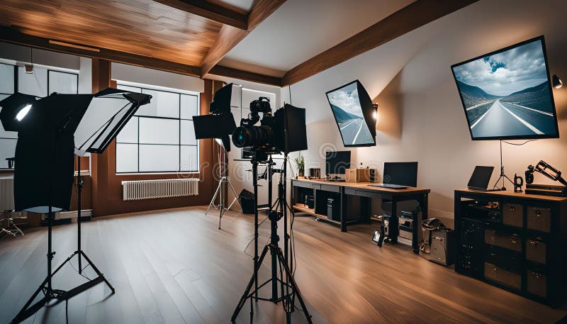 Studio Production Setup with Professional Cameras and Lighting Stock ...