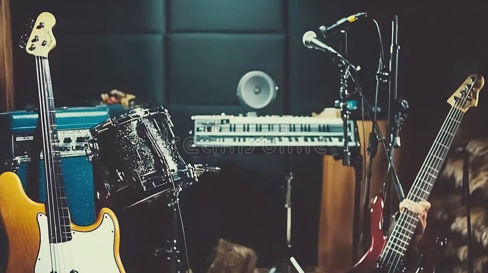 Studio Recording Session Guitars, Drums, Keyboard, Microphone Stock ...