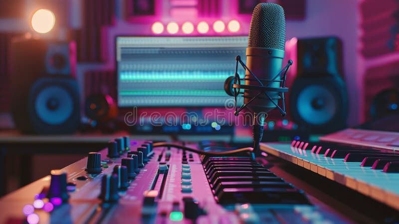 Studio Recording Setup with Microphone, Keyboard, and Audio Mixer Stock ...