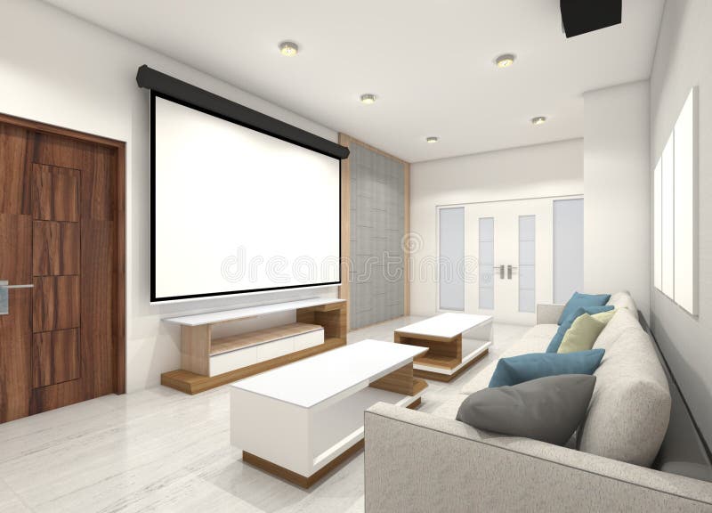 Studio Room Design with Wall Screen Projector and Comfortable Sofa ...
