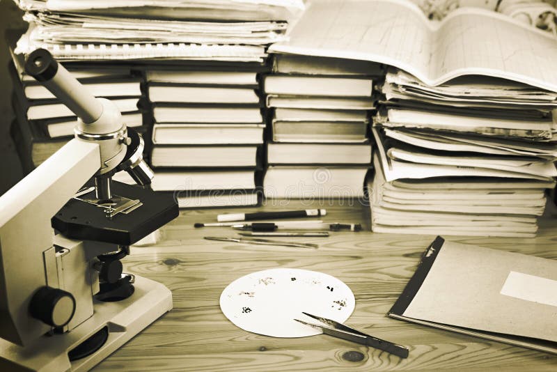 Studio Scientifico Con I Molti Libri E Carte Fotografia Stock ...
