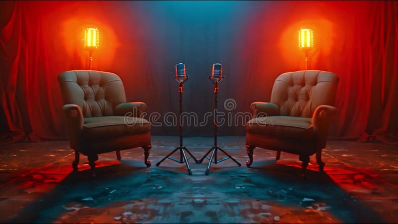 A Studio Set with Two Chairs and Microphones, Illuminated in Red and ...