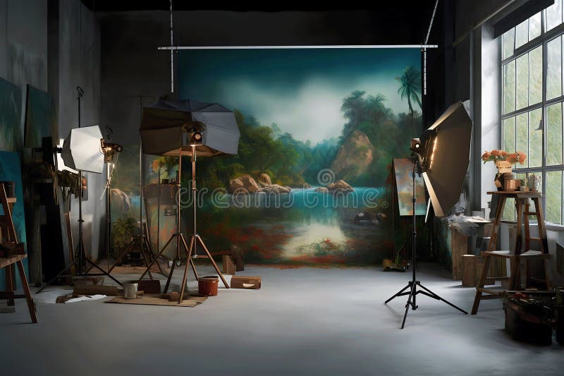 A Studio is Set Up with Art Supplies and Paintings in the Background ...