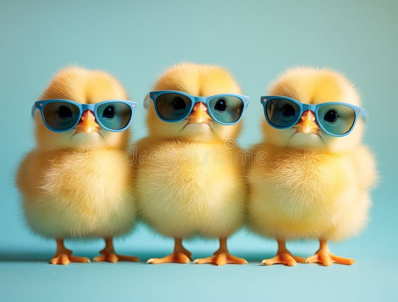 In a Studio Setting with a Blue Backdrop, Three Yellow Chicks Don Blue ...