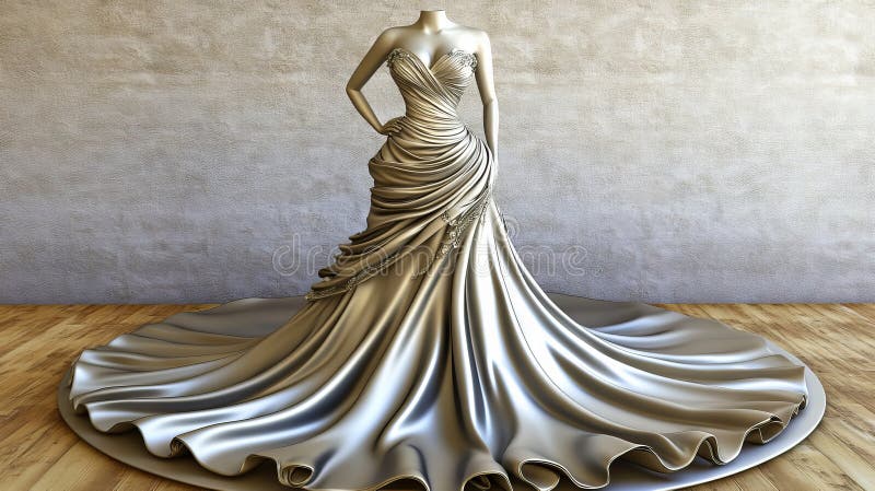 In a Studio Setting, an Elegant Silver Gown with Flowing Fabric is ...