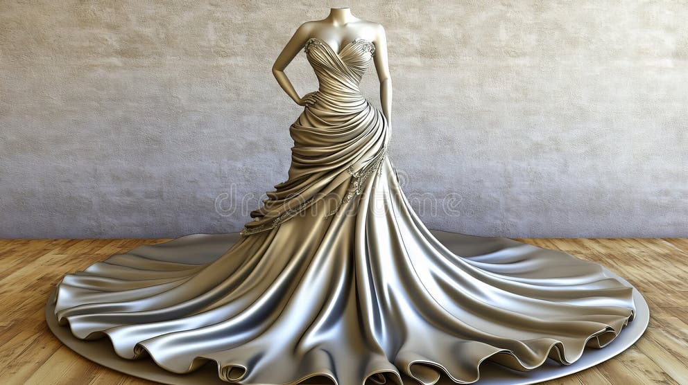 In a Studio Setting, an Elegant Silver Gown with Flowing Fabric is ...