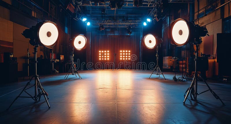 Studio Setup with Bright Lights and Empty Background for Creative Media ...