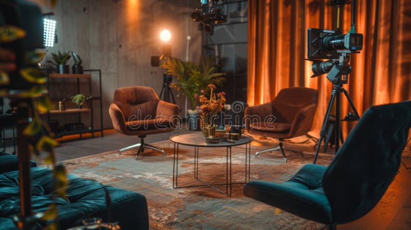 Studio Setup with Camera and Chairs Stock Image - Image of broadcast ...