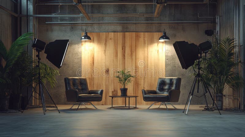 Studio Setup with Chairs Soft Lighting and a Wooden Backdrop for ...