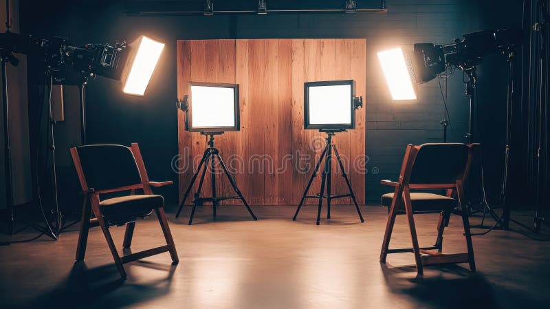 Studio Setup with Chairs Soft Lighting and a Wooden Backdrop for ...