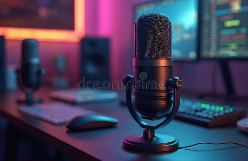 Studio Setup with Computer Microphone. Podcast Radio Production Space ...