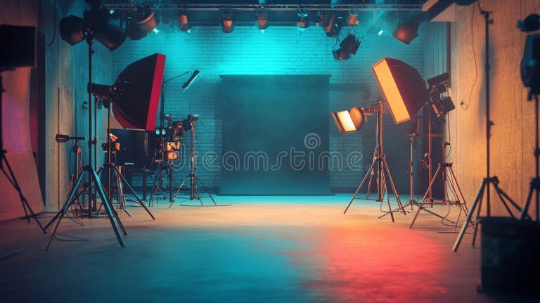 Studio Setup with Dramatic Lighting and Equipment Stock Photo - Image ...