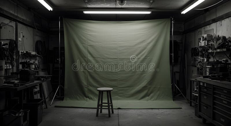 Studio Setup Featuring Green Screen Backdrop and Stool in a Workshop ...