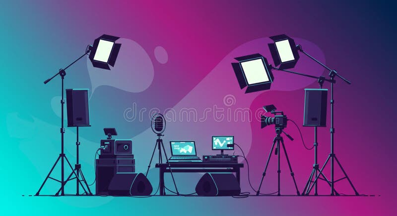 Studio Setup Featuring Professional Lighting, Audio, and Video Equipment. Four Stock ...