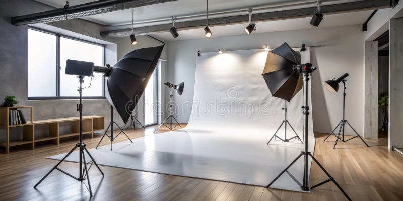 Studio Setup - Four Lighting Stands with Reflectors and Softboxes on a ...