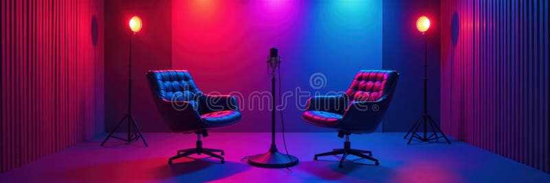 Studio Setup with Microphone and Two Chairs, Illuminated with Red and ...