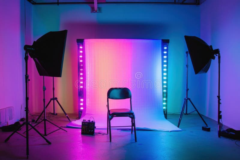 Studio Setup for a Photoshoot with Colorful Lights and a Chair in a ...