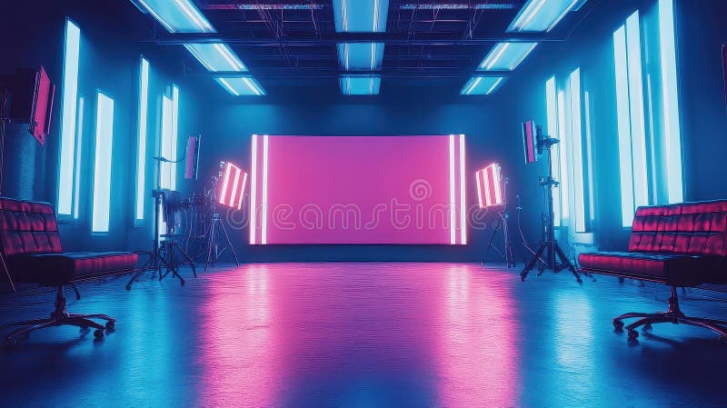 Studio Setup with Pink and Blue Neon Lights for Video Production Stock ...