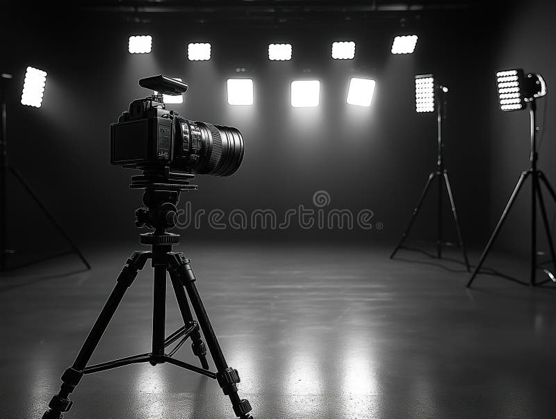 Studio Setup with Pro Camera on Tripod. Contrasting Lights, Shadows ...