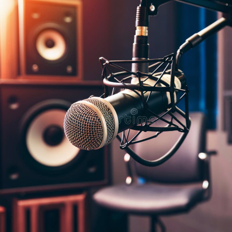 Studio Setup with Prominent Microphone, Warm Glowing Speakers ...