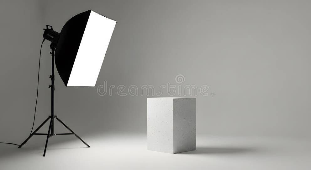 Studio Setup with White Softbox on a Stand and a Textured Cube on a ...