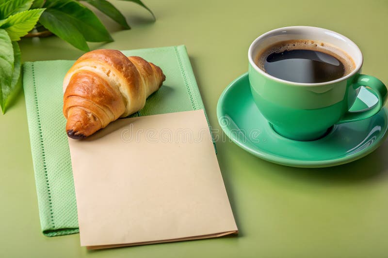 Breakfast Setting with Coffee, Croissant, and Blank Menu Card Stock ...