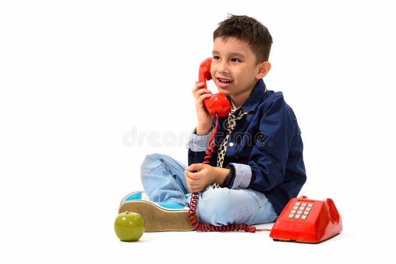 Studio Shot of Cute Happy Boy Smiling and Talking on Old Telepho Stock ...