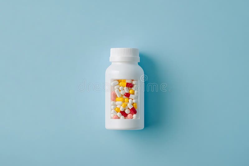 Colorful Capsules in White Pill Bottle on Blue Background Pharmacy ...