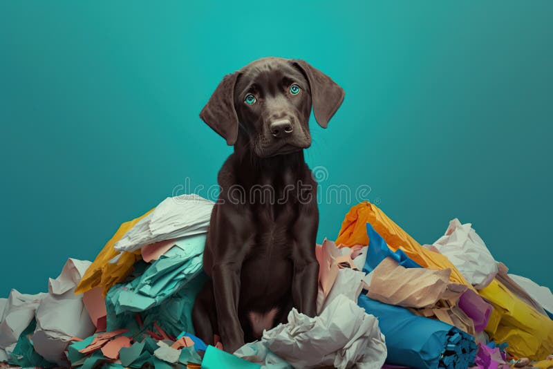 Studio Shot of Dog Sitting in Pile of Garbage on Colored Background ...