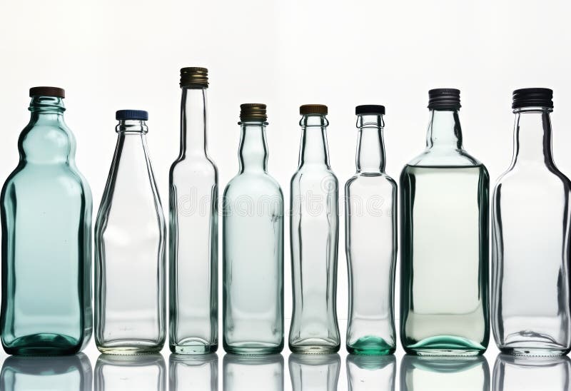 Studio Shot Features Collection of Clear Glass Bottles on White ...