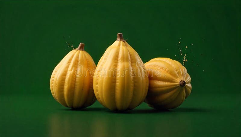 Three Ripe Yellow Fruits on a Green Background Studio Shot Stock ...