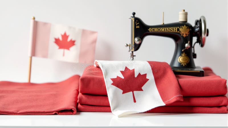 Canadian Flag, Red Fabric, and Vintage Sewing Machine Stock ...