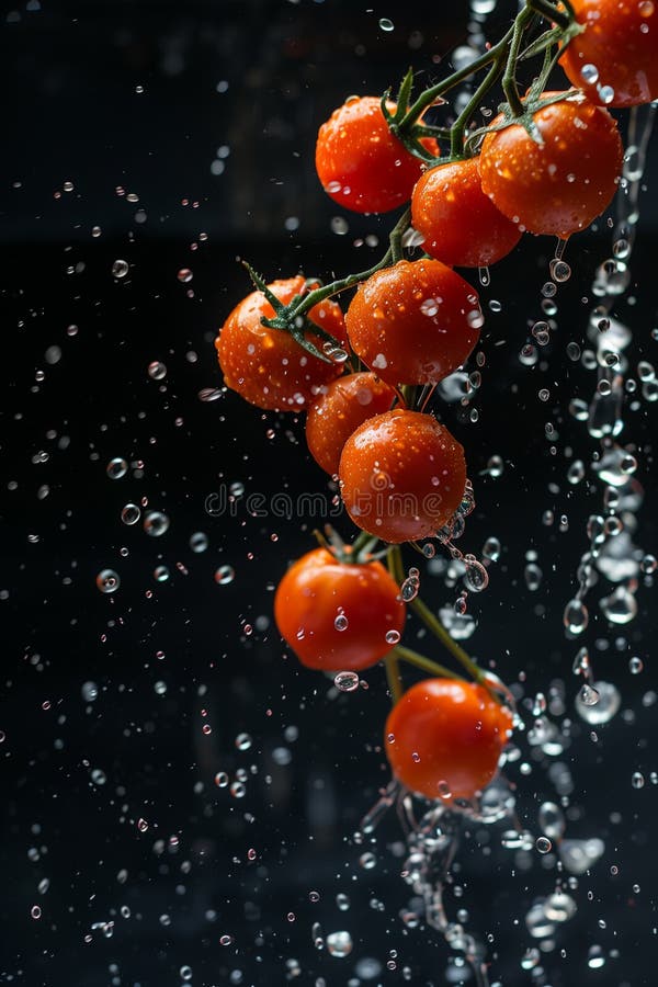 Studio Shot with Freeze Motion of Cherry Tomatoes in Water Splash on ...