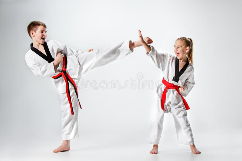 The Studio Shot Of Group Of Kids Training Karate Martial Arts Stock ...