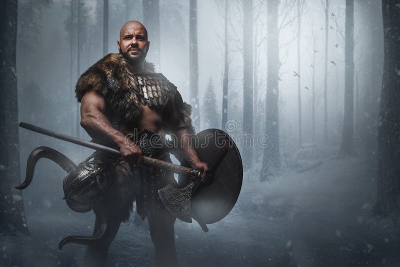 Determined Viking with Huge Axe and Shield in Frost Forest Stock Image ...