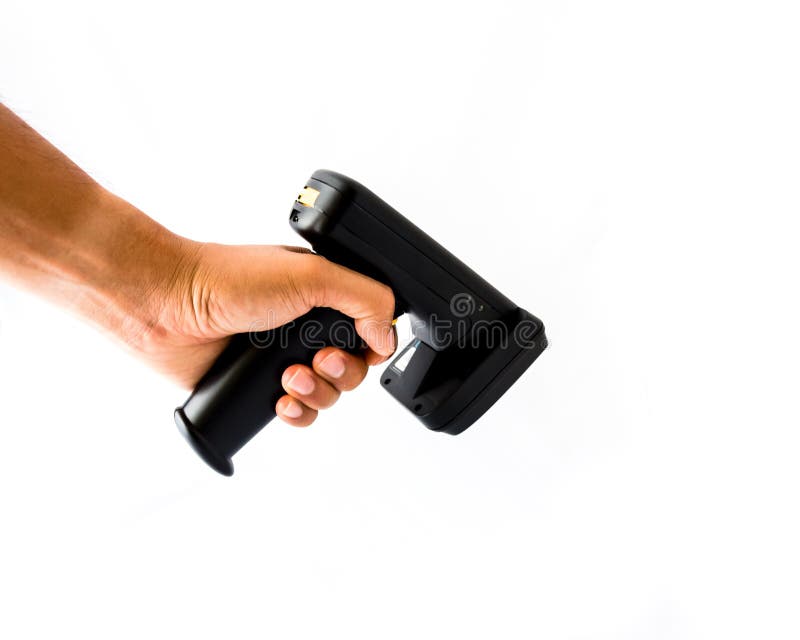 Close-up Left Male Hand Wears Watch Using RFID Scanner Isolated on ...