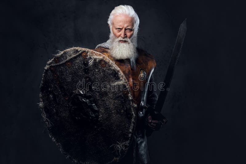 Elderly Knight with Shield and Sword Against Dark Background Stock ...