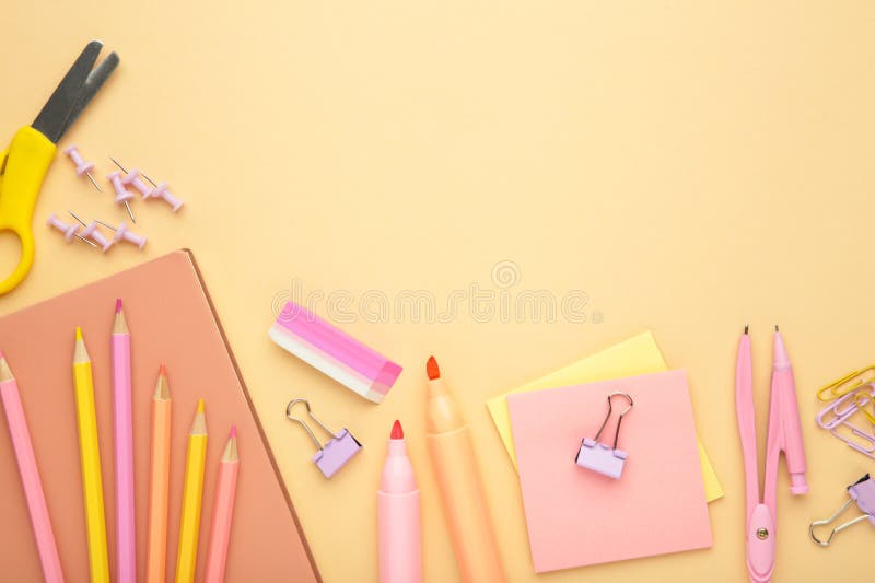 Studio Shot of Pastel Pink School Supplies. Top View Stock Photo ...