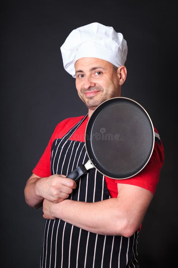 Studio Shot of Positive Chef with a Frying Pan. Stock Photo - Image of ...