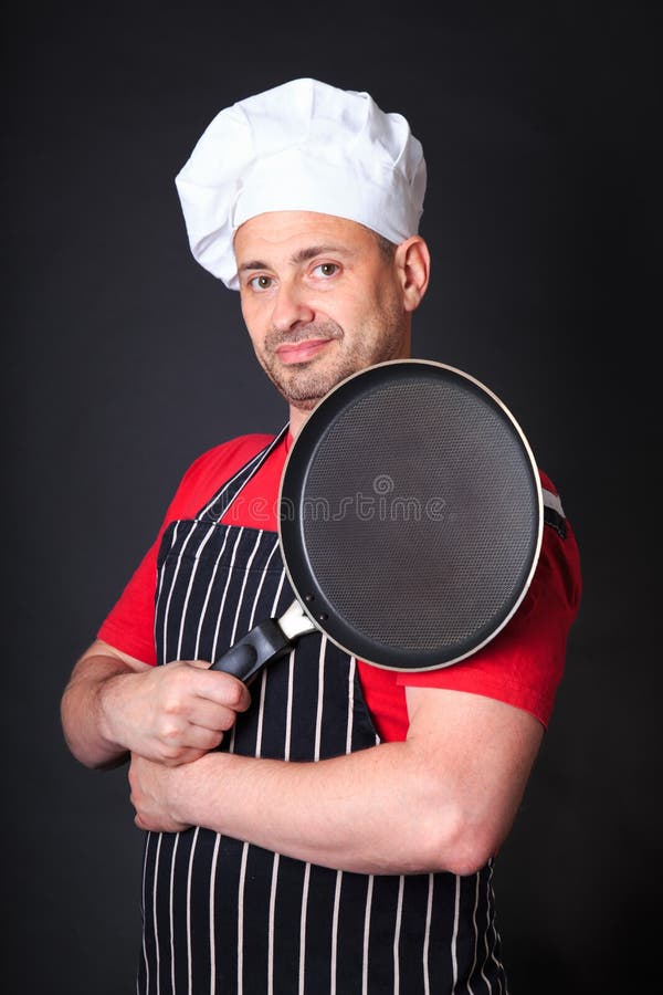 Studio Shot of Positive Chef with a Frying Pan. Stock Photo - Image of ...