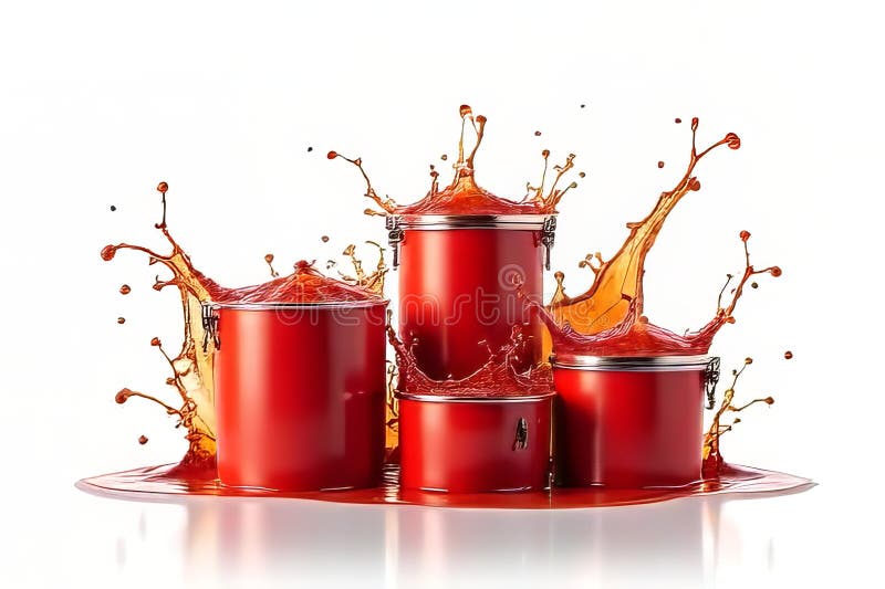 Studio Shot of Red Paint Cans with Dramatic Splashes and Liquid Drips ...