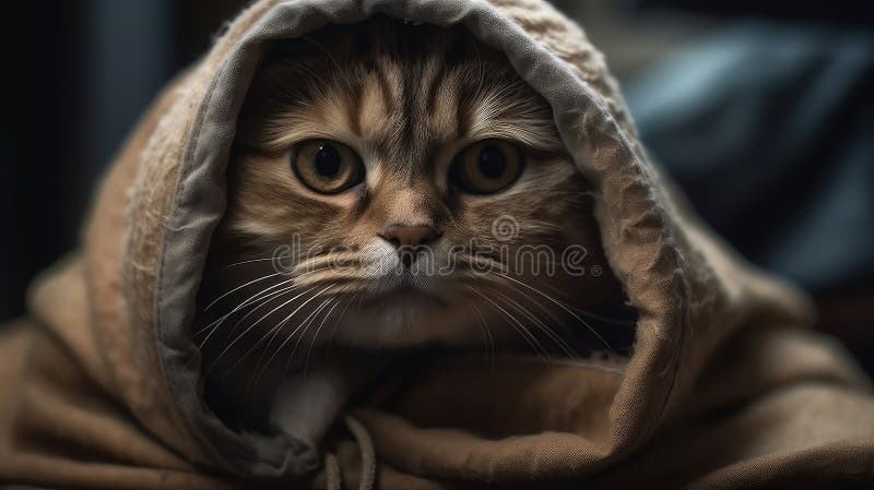Studio Shot of Sad Cat Wrapped in a Blanket Suffering from Being Alone ...
