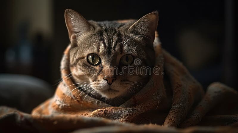 Studio Shot of Sad Cat Wrapped in a Blanket Suffering from Being Alone ...