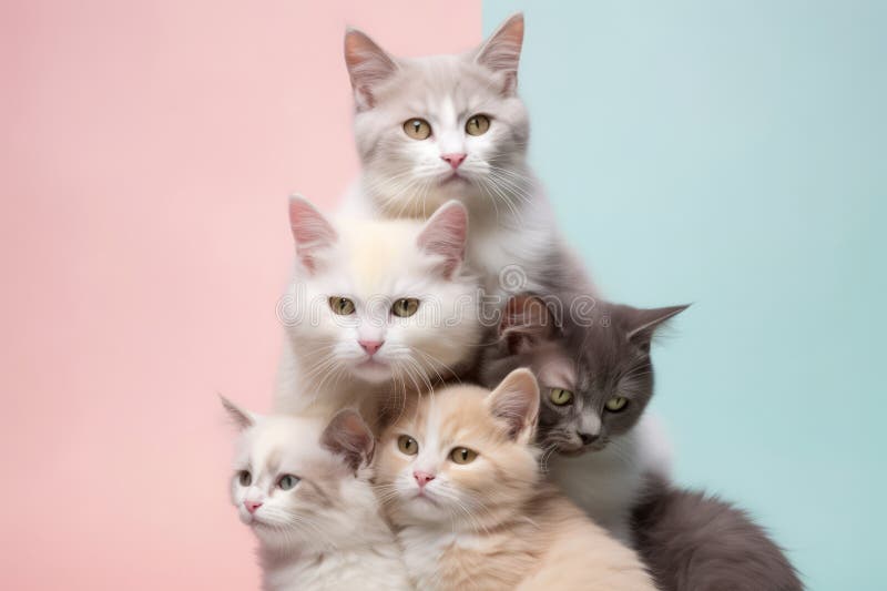 Studio Shot of a Stack of Cute Cats Stock Image - Image of indoor ...