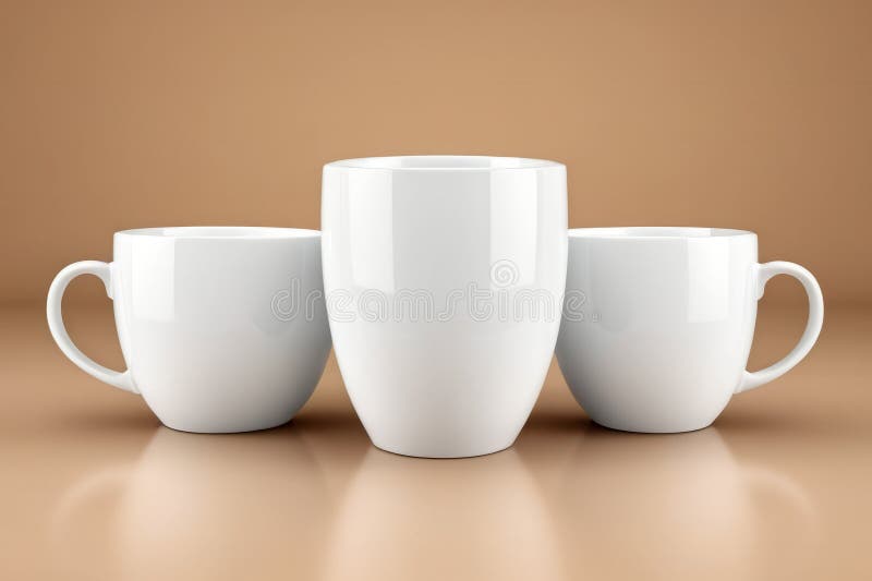 Studio Shot of Three Blank White Mugs, Coffee Cups Isolated on Light ...